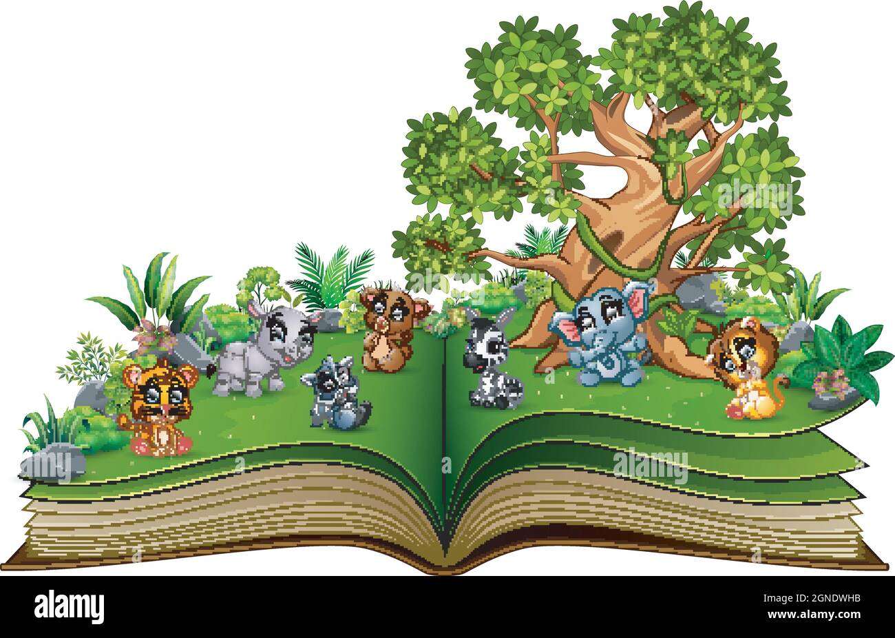 Open book with animal cartoon playing in the park under a big tree ...