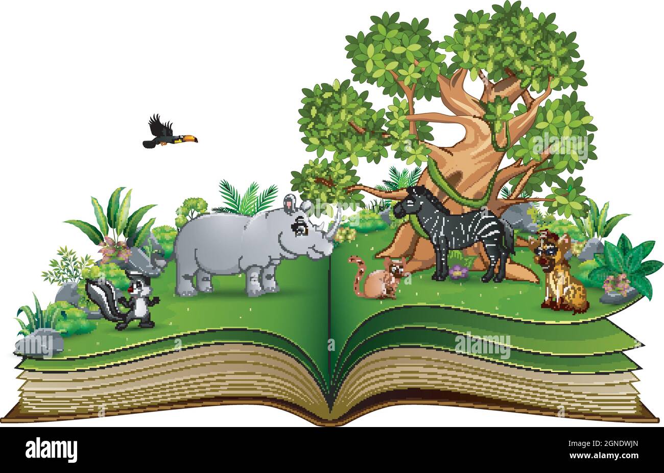 Open book with animal cartoon playing in the park under a big tree ...