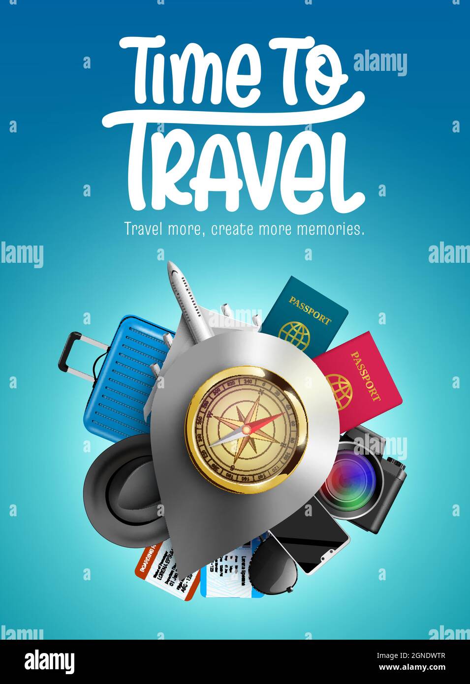 Travel time vector design. Time to travel text with compass, airplane ...