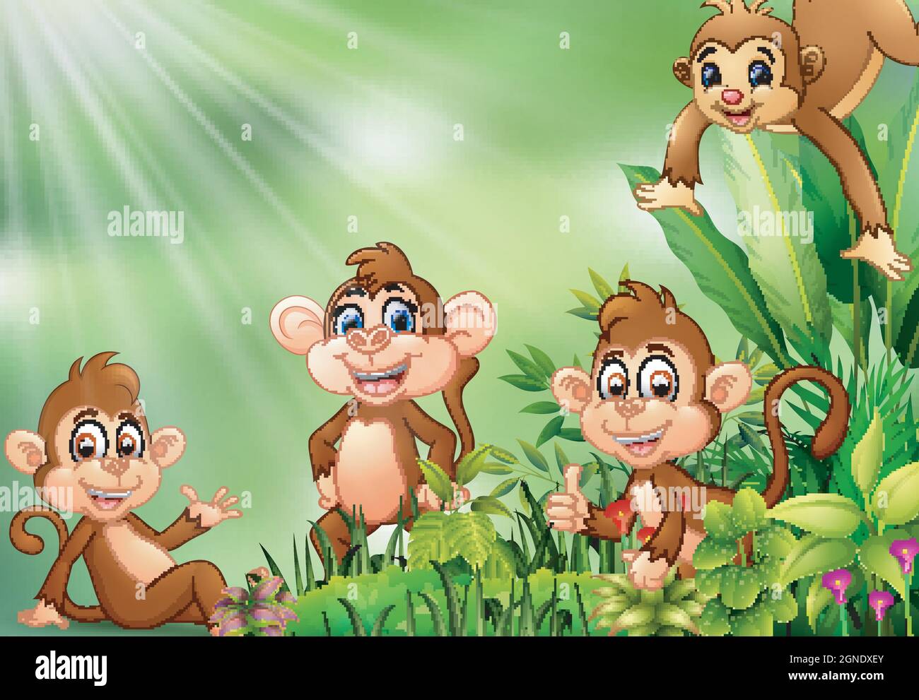 Nature scene with group of monkey cartoon Stock Vector Image & Art - Alamy