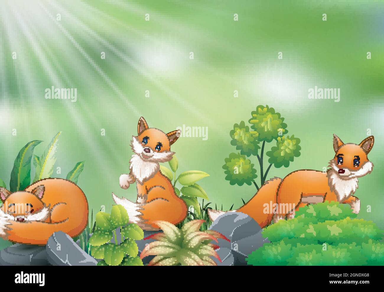 Nature scene with group of fox cartoon Stock Vector Image & Art - Alamy