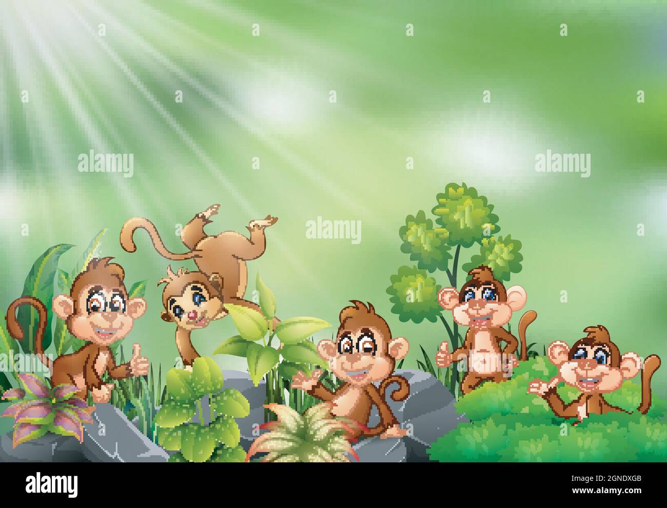 Nature scene with group of monkey cartoon Stock Vector Image & Art - Alamy