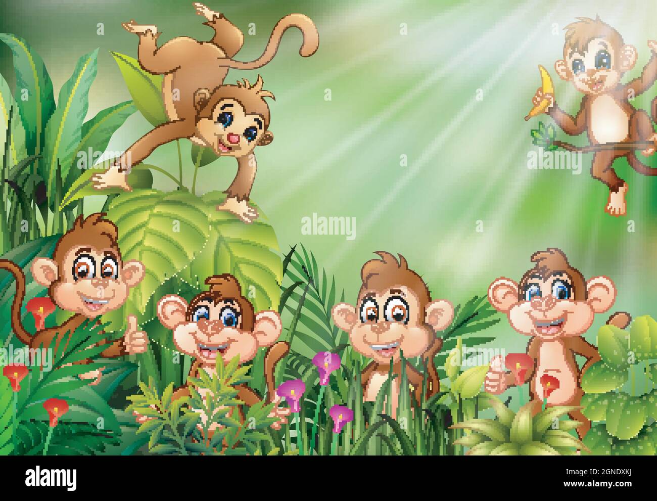 Nature scene with group of monkey cartoon Stock Vector Image & Art - Alamy