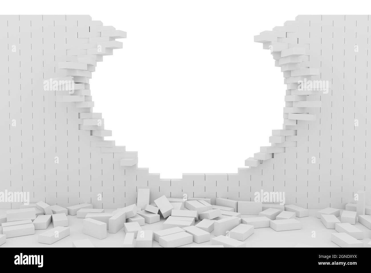 3D rendering Destruction of a white brick wall on white background Stock Photo - Alamy