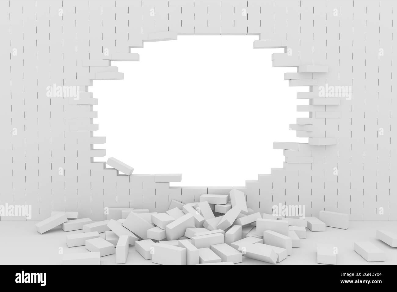 3D rendering Destruction of a white brick wall on white background ...