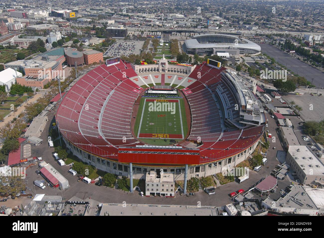 An aerial view of the Los Angeles Memorial Coliseum, Friday, Sept. 24 ...