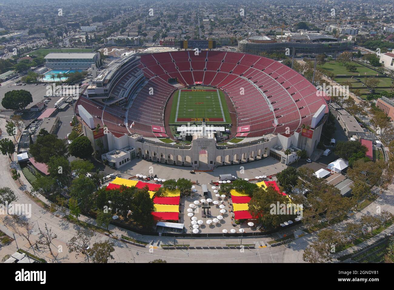 An aerial view of the Los Angeles Memorial Coliseum, Friday, Sept. 24 ...