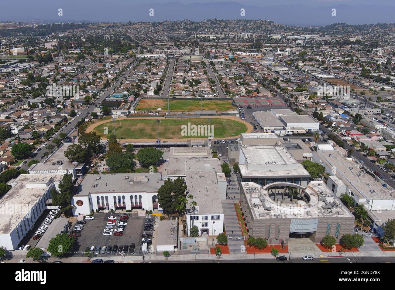 Los Angeles, United States. 17th Sep, 2021. An aerial view of Garfield ...