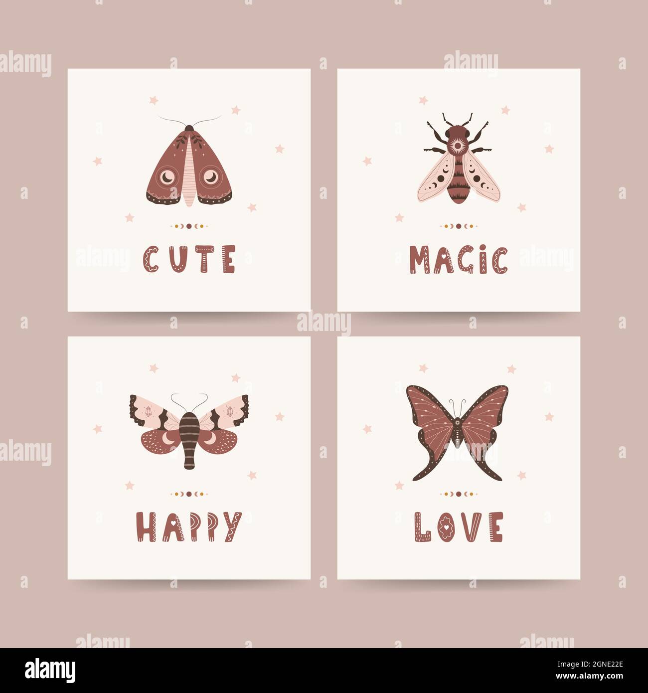 Boho posters collection. Insects with celestial elements. Scandinavian ...