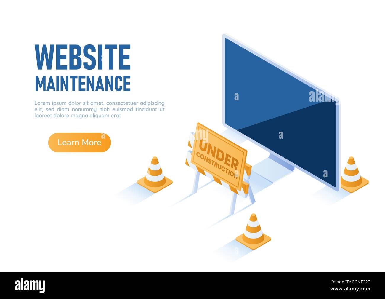 3d Isometric Web Banner PC Monitor with Under Construction Barrier and Traffic Cones. Website ...