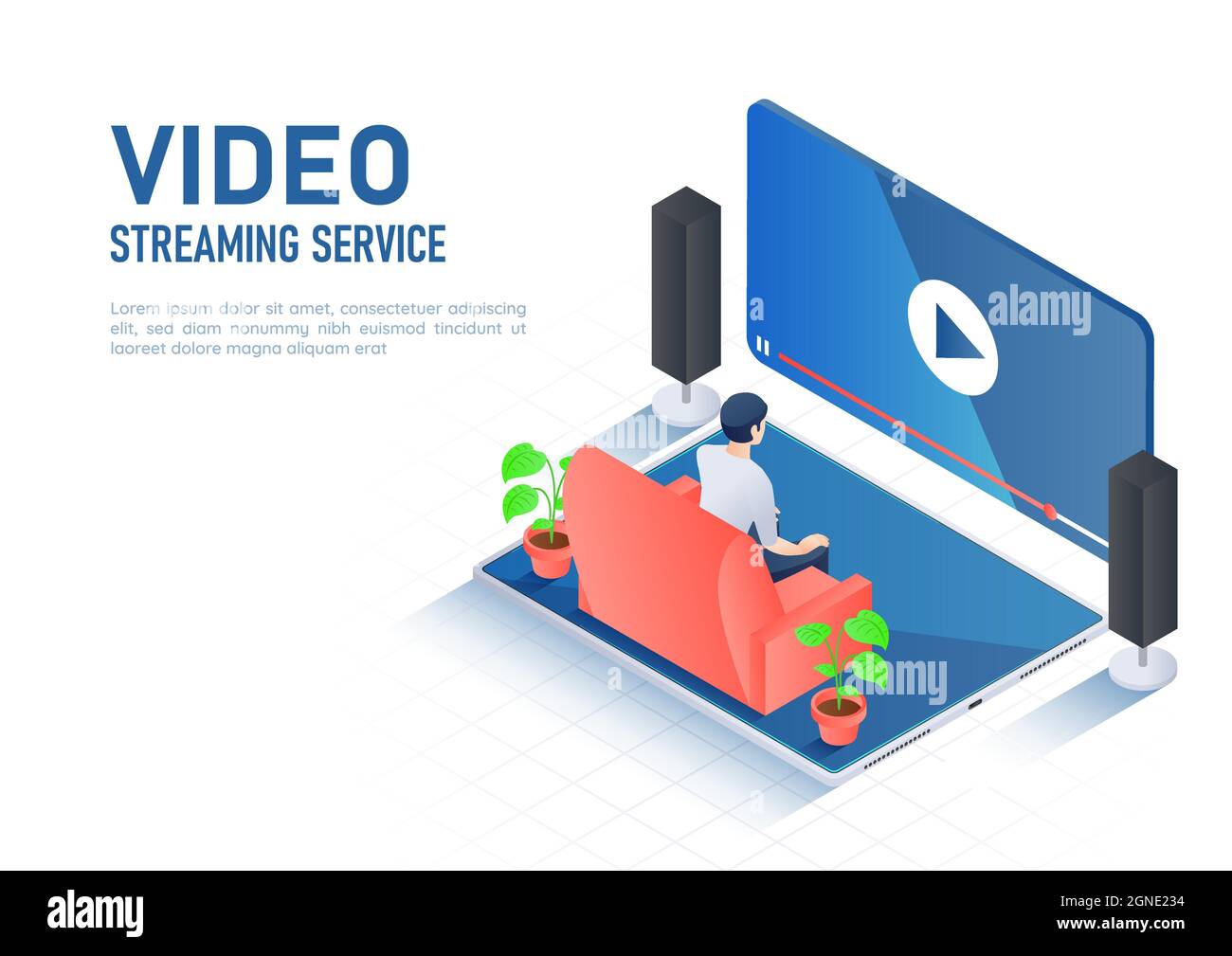 3d Isometric Web Banner Man Watching Online Video Streaming on Digital ...