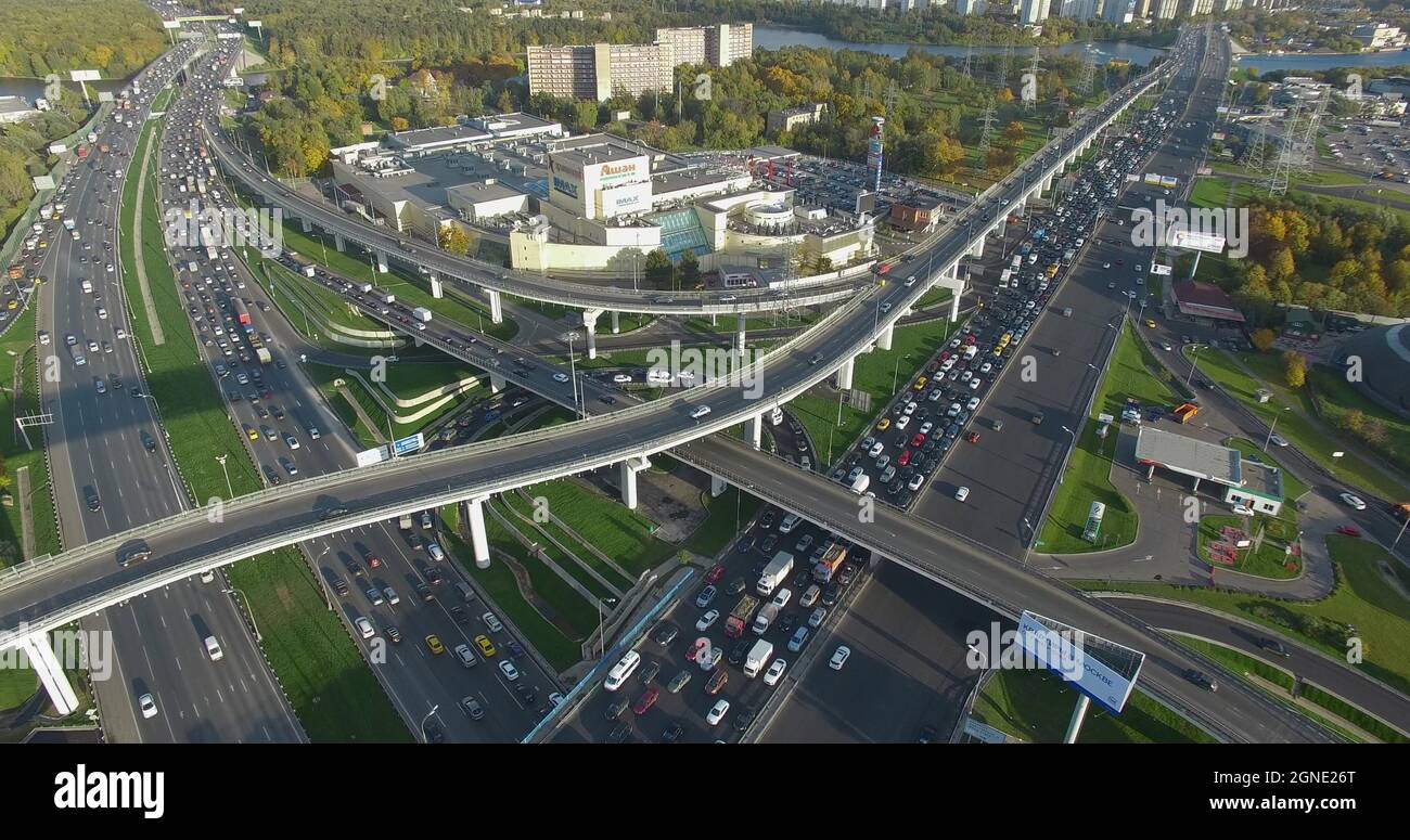 Intersections busy with traffic. Aerial view of Moscow, Russia Stock ...
