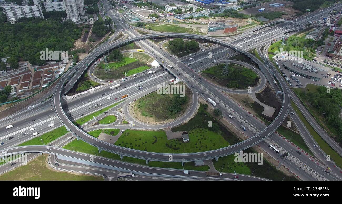 Aerial view of transport interchanges with roundabout traffic Stock ...
