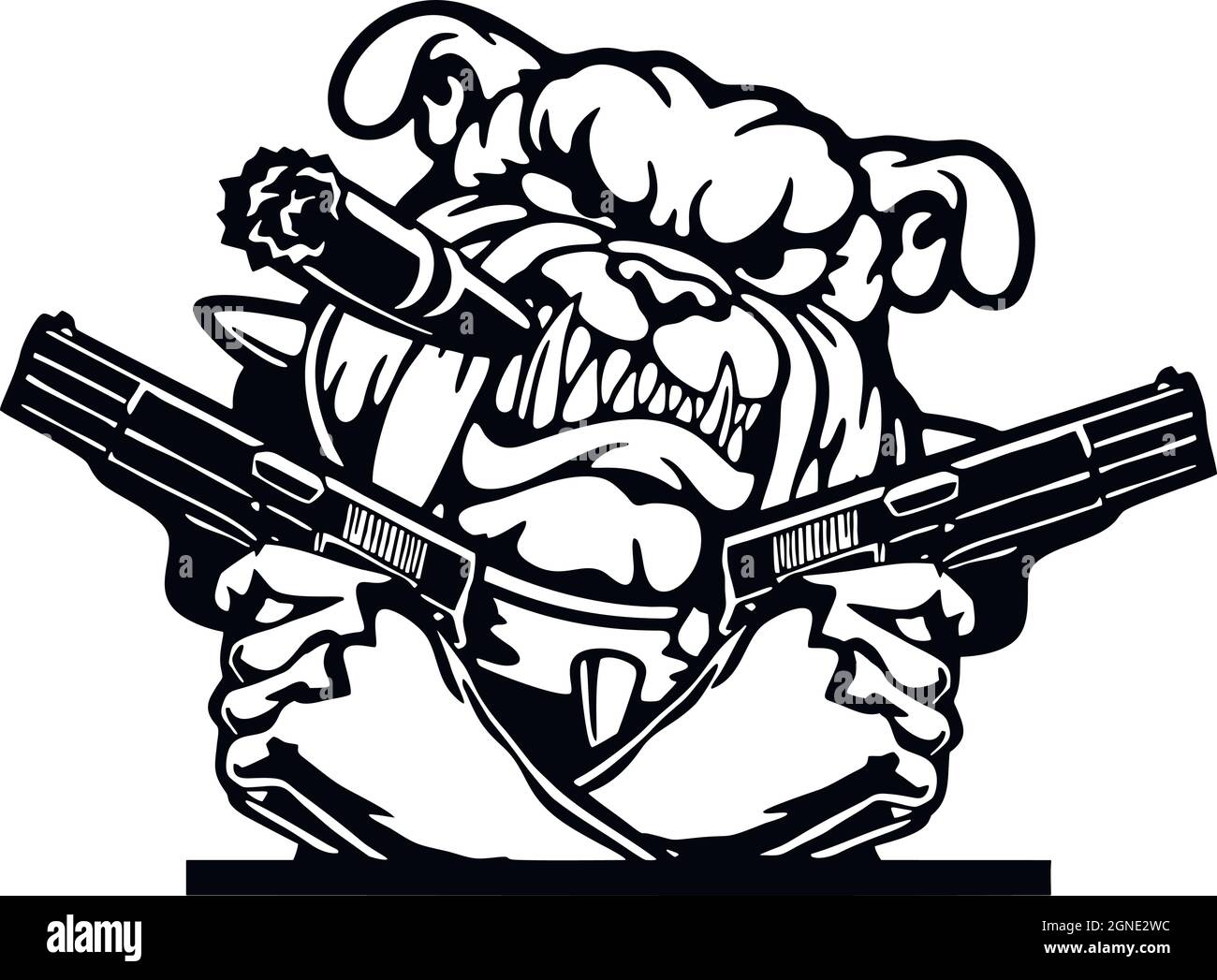 Angry English Bulldog - bad dog with gun - vector stencil. Head of dog ...