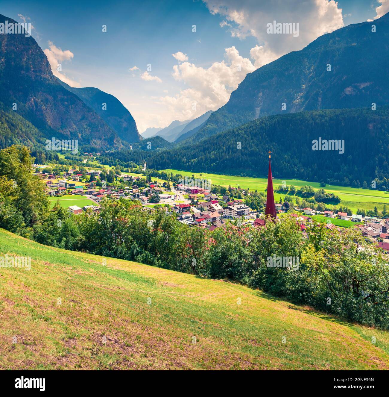 View from a bird's eye of Oetz village and Heiliger Georg church ...