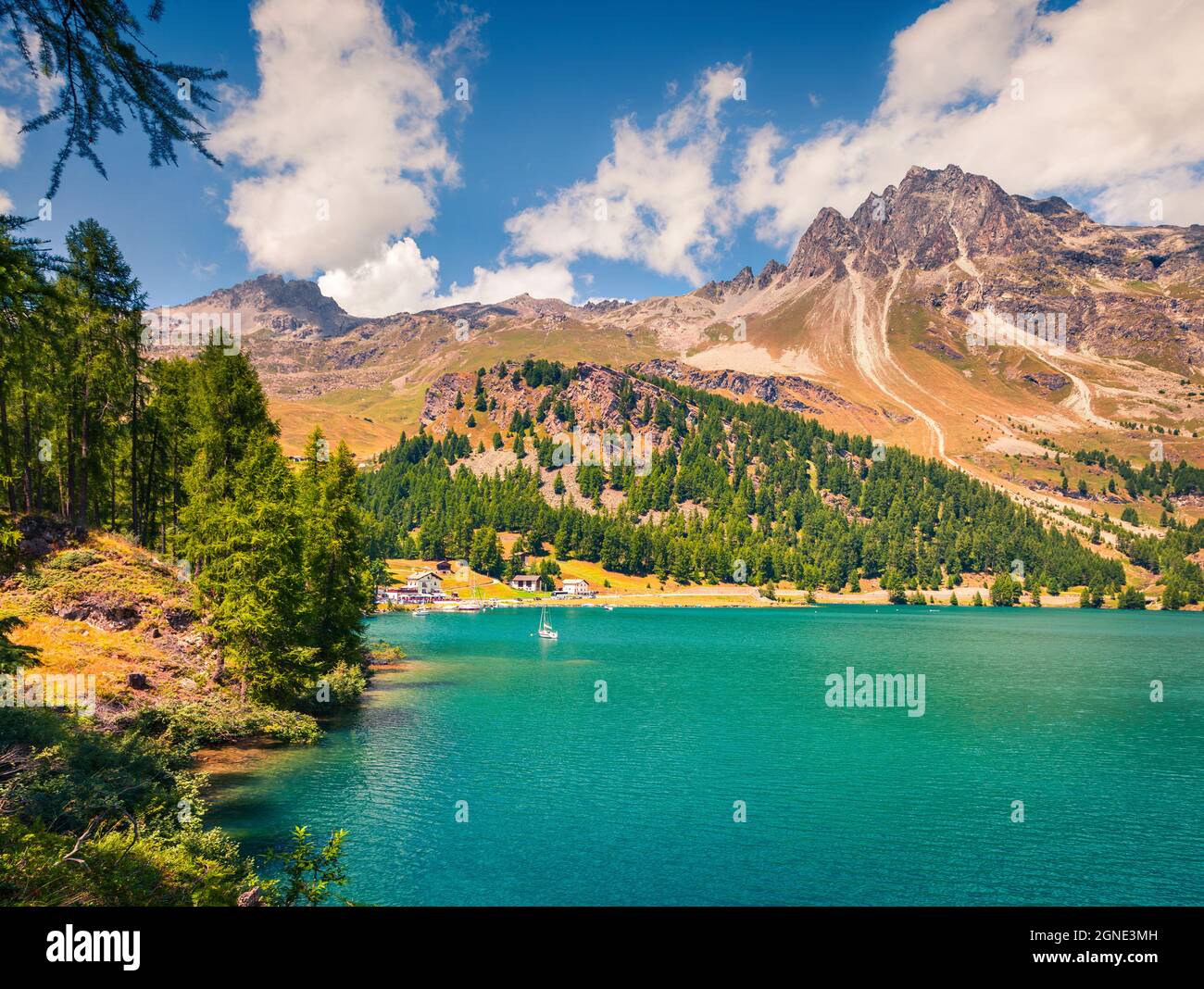 Summer sunny view in Swiss Alps. Colorful outdoor scene on Sils lake ...