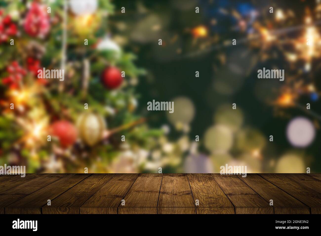 wooden Table and blur background, Christmas background with Christmas ...