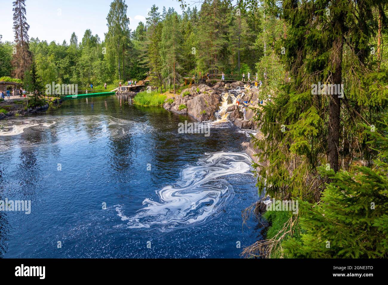 Ruskeala, Russia - July 10, 2021: Ruskeala waterfalls on the Tohmajoki ...