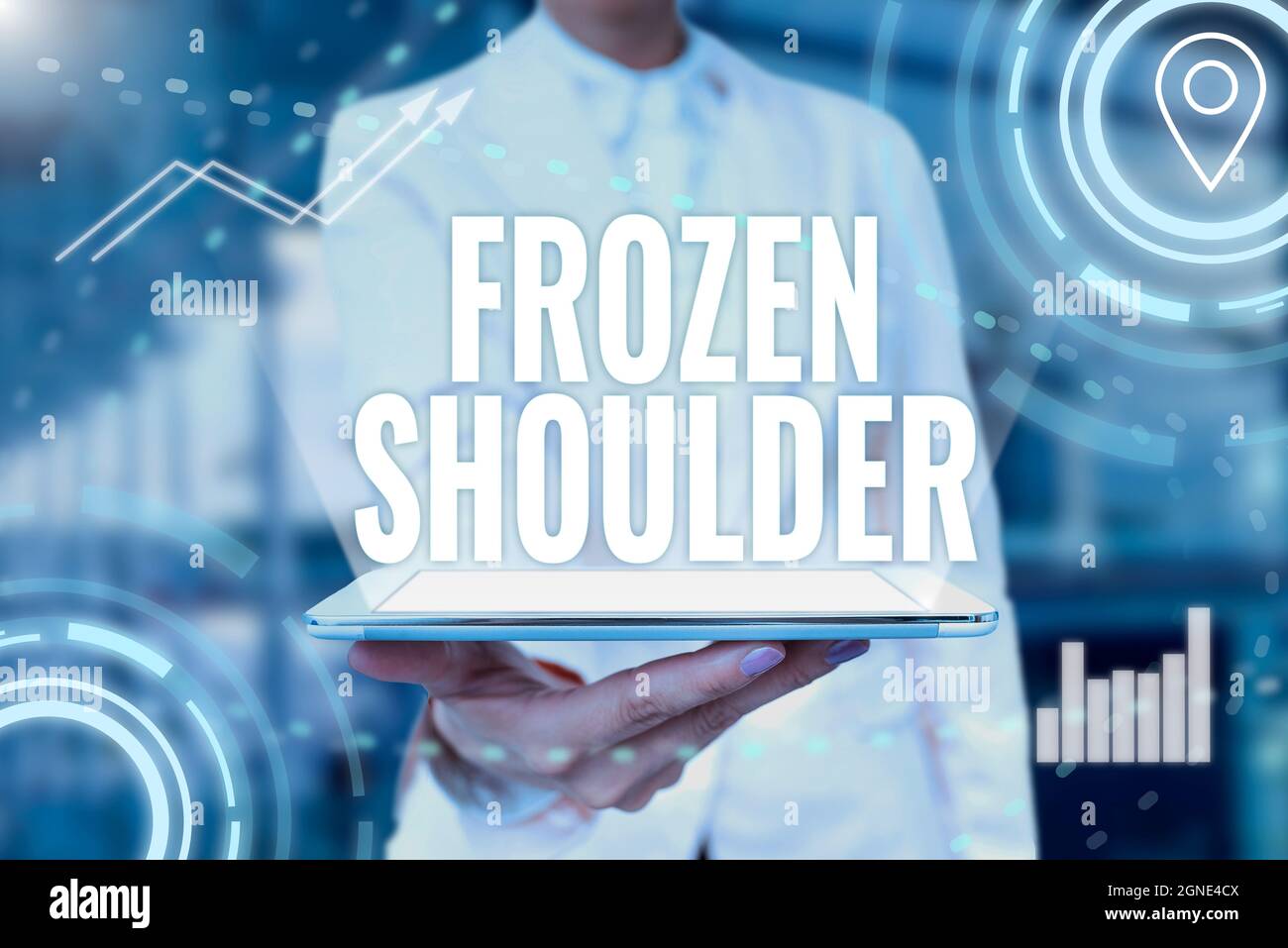 Hand writing sign Frozen Shoulder. Business overview characterized by ...