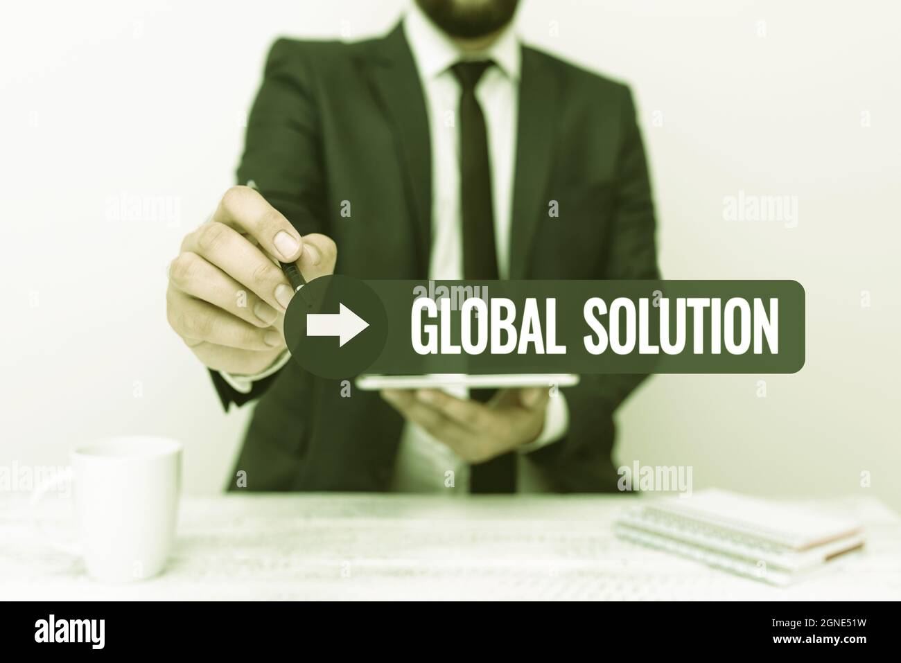 Text caption presenting Global Solution. Business overview dealing with ...