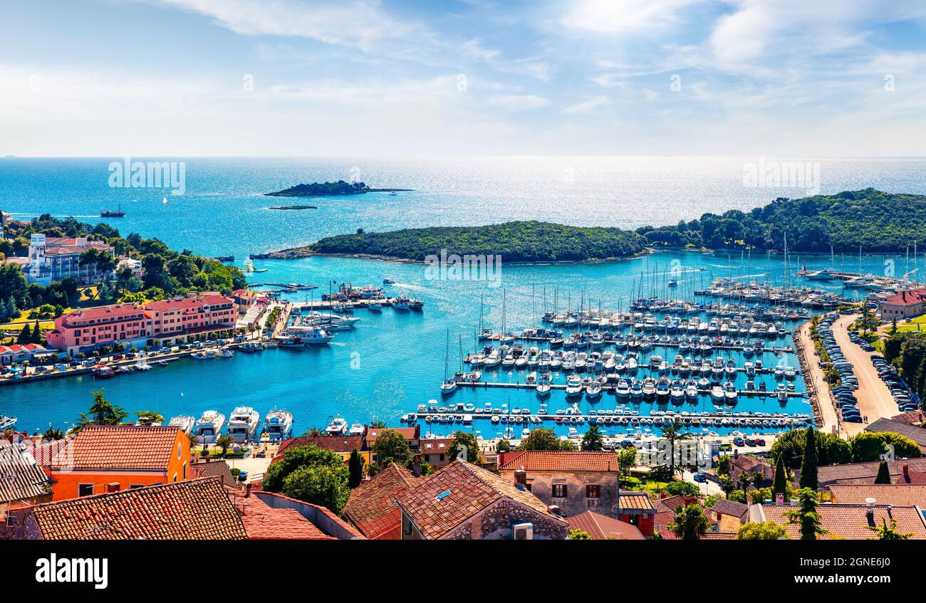 Aerial view of the port of Vrsar (Orsera) town. Colorful spring ...