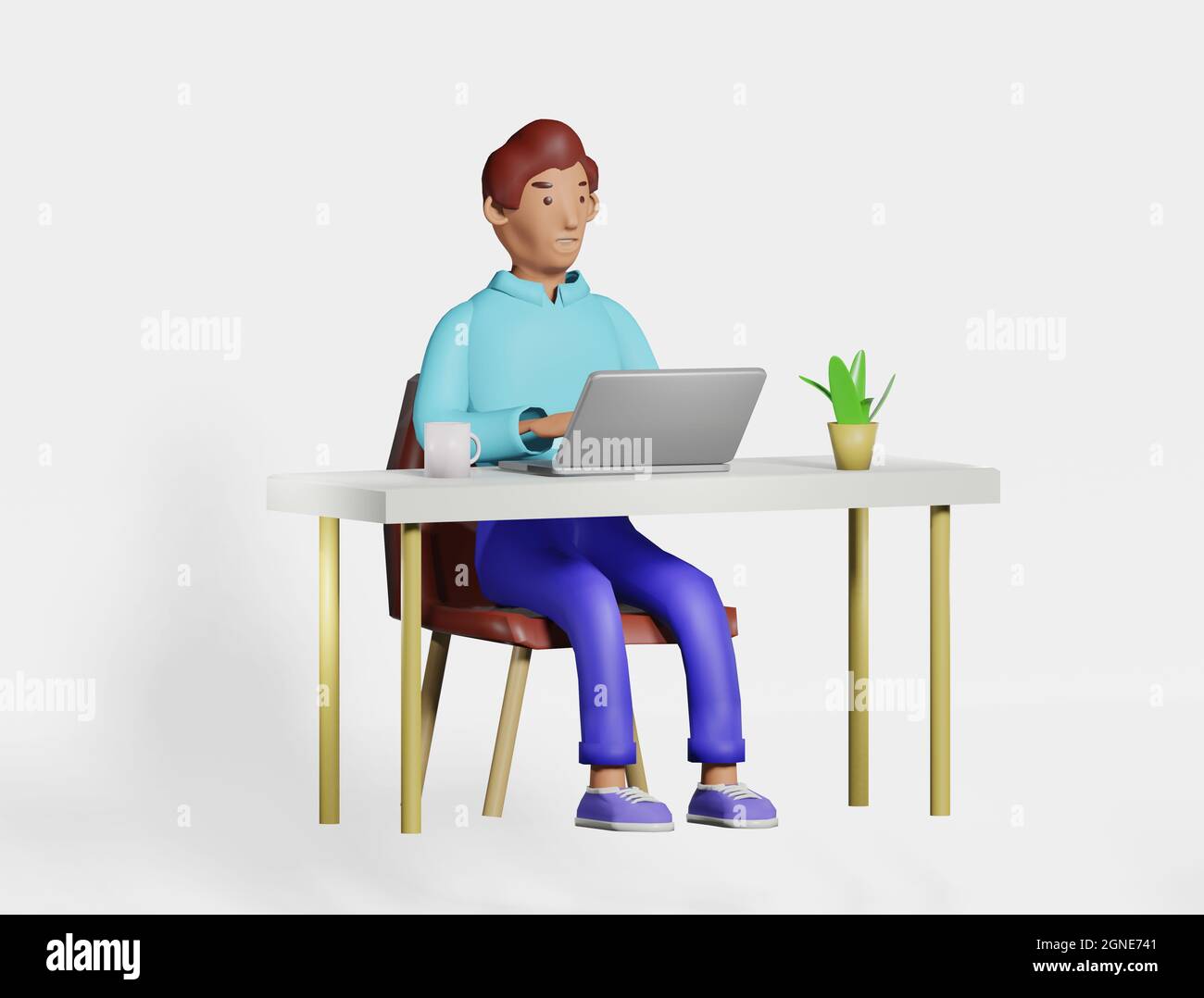 Illustration 3D character man at the desk office, home working using ...