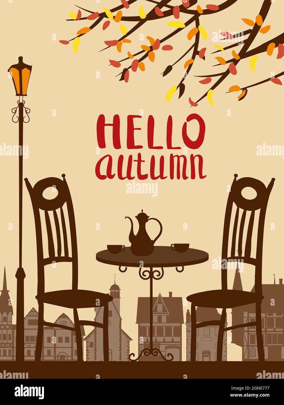 Hello Autumn landscape city cafe, table with coffee pot, chairs. Old ...
