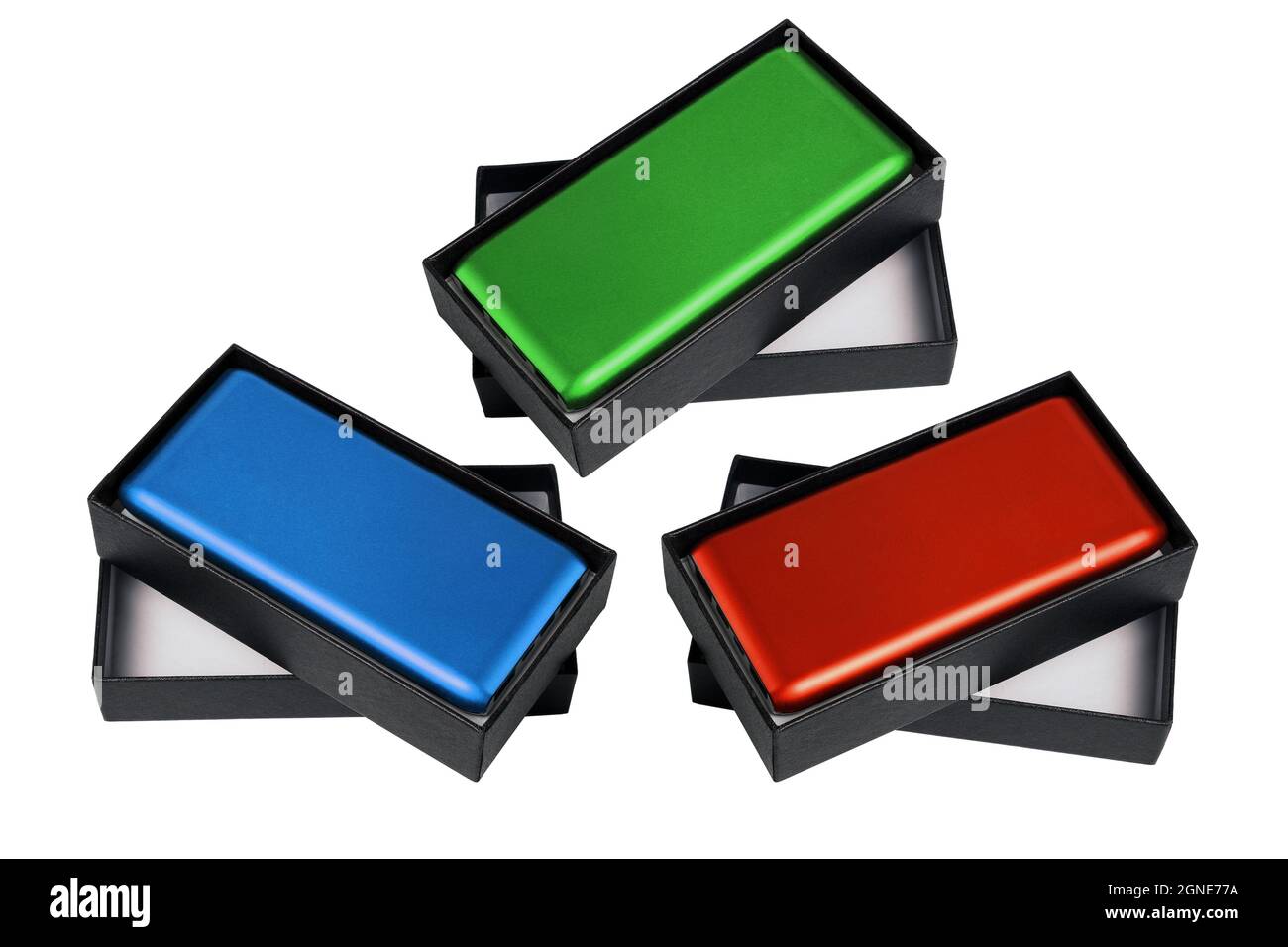 Open Boxes of Mobile Phone Power Banks on White background Stock Photo ...