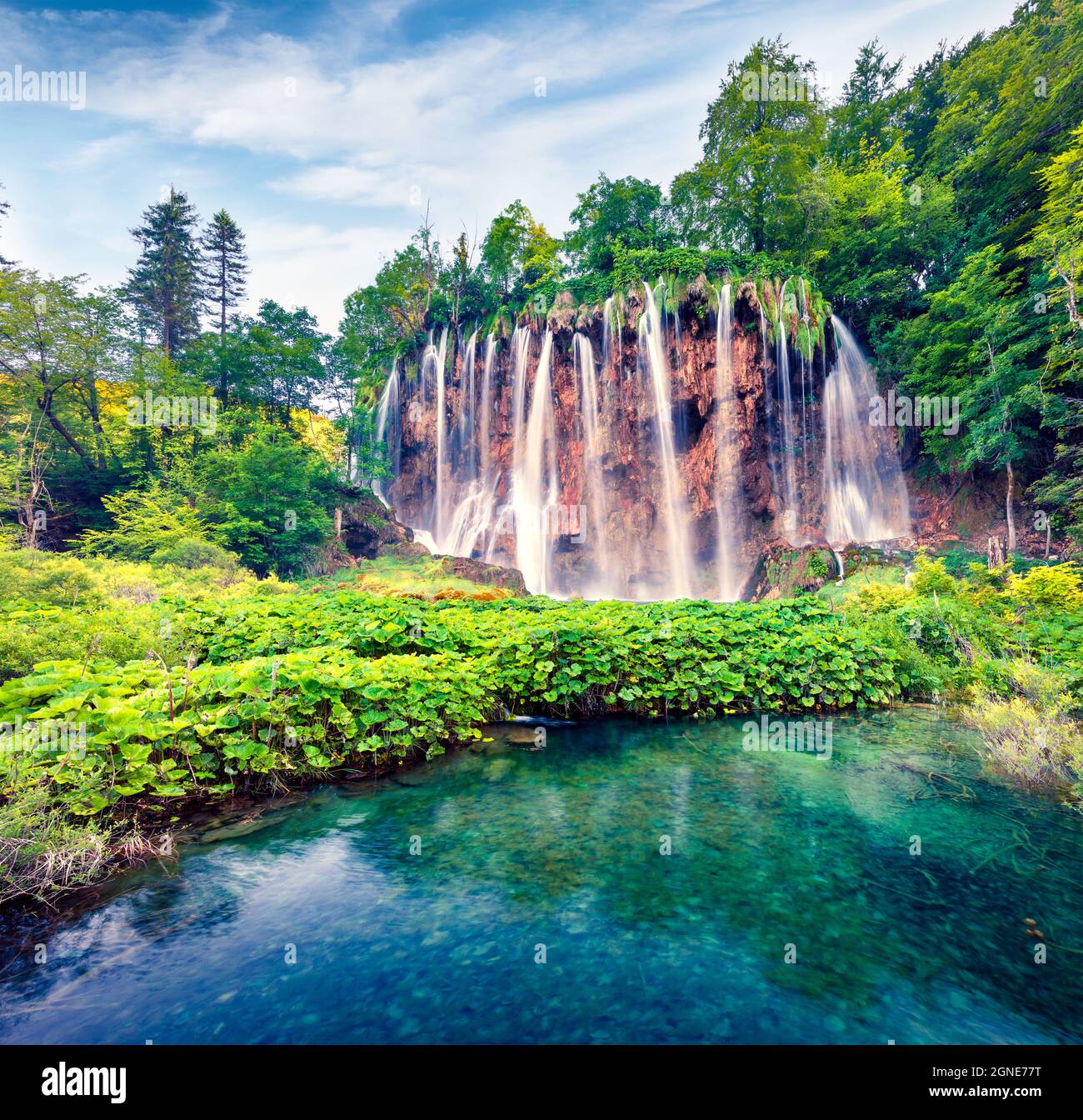 Splendid morning view of Plitvice National Park. Colorful spring scene ...
