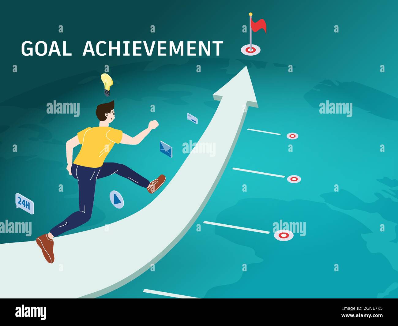 Goal achievement Young Man Run along the directional arrow on the way ...