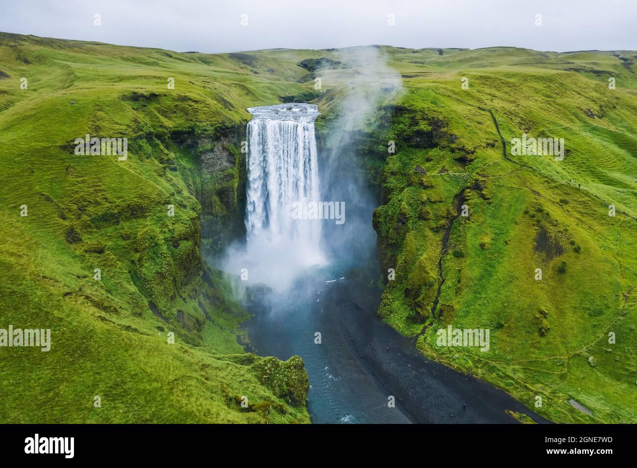 Aerial drone view of Skogafoss waterfall in Iceland, one of the most ...