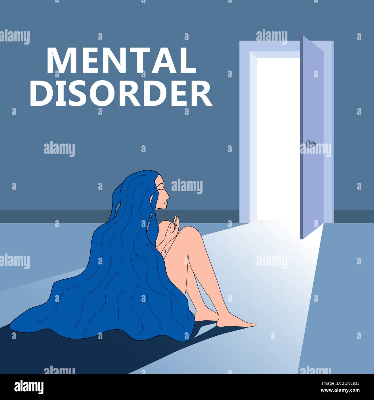 Mental disorder woman sitting hugging knees, open door as a symbol of a ...