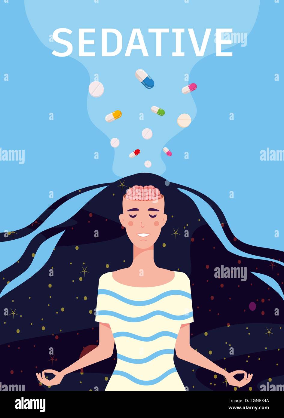 Portrait of a woman with open brain. Sedative medication pills fly to ...