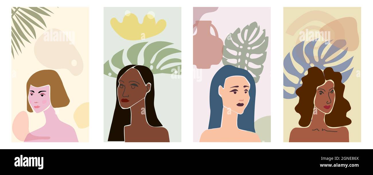 Set Woman portraites minimal abstract contemporary style. Female faces ...