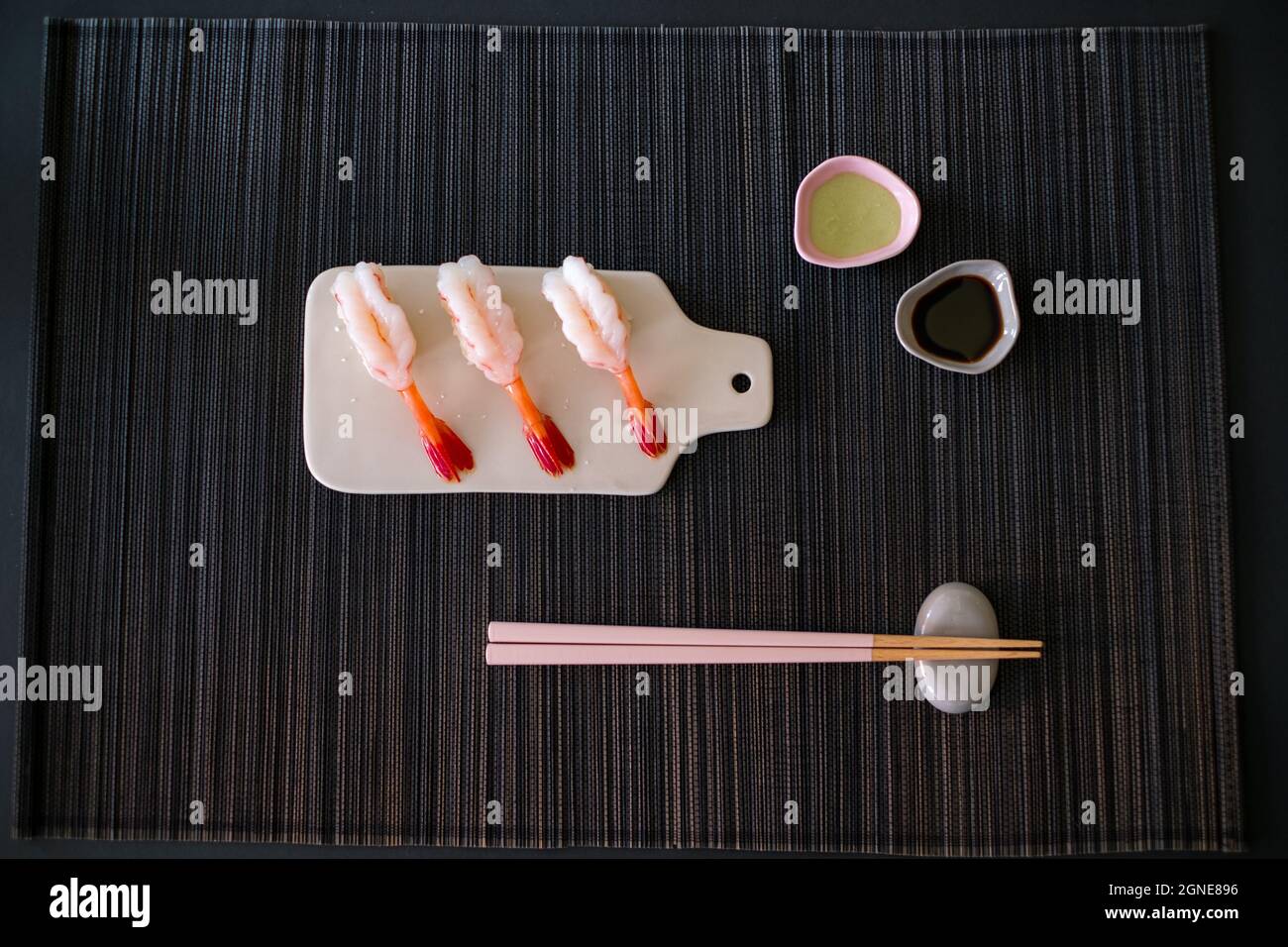 Raw Shrimp prawn sushi in japanese restaurant. Sushi - ama Ebi Nigiri ...