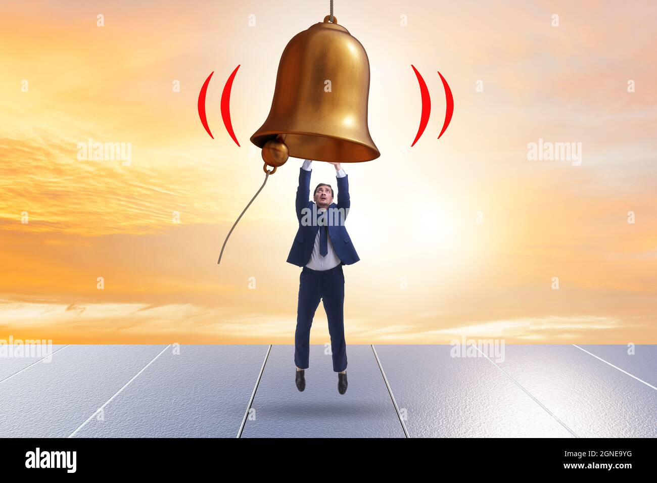Businessman ringing the bell in case of the danger Stock Photo - Alamy