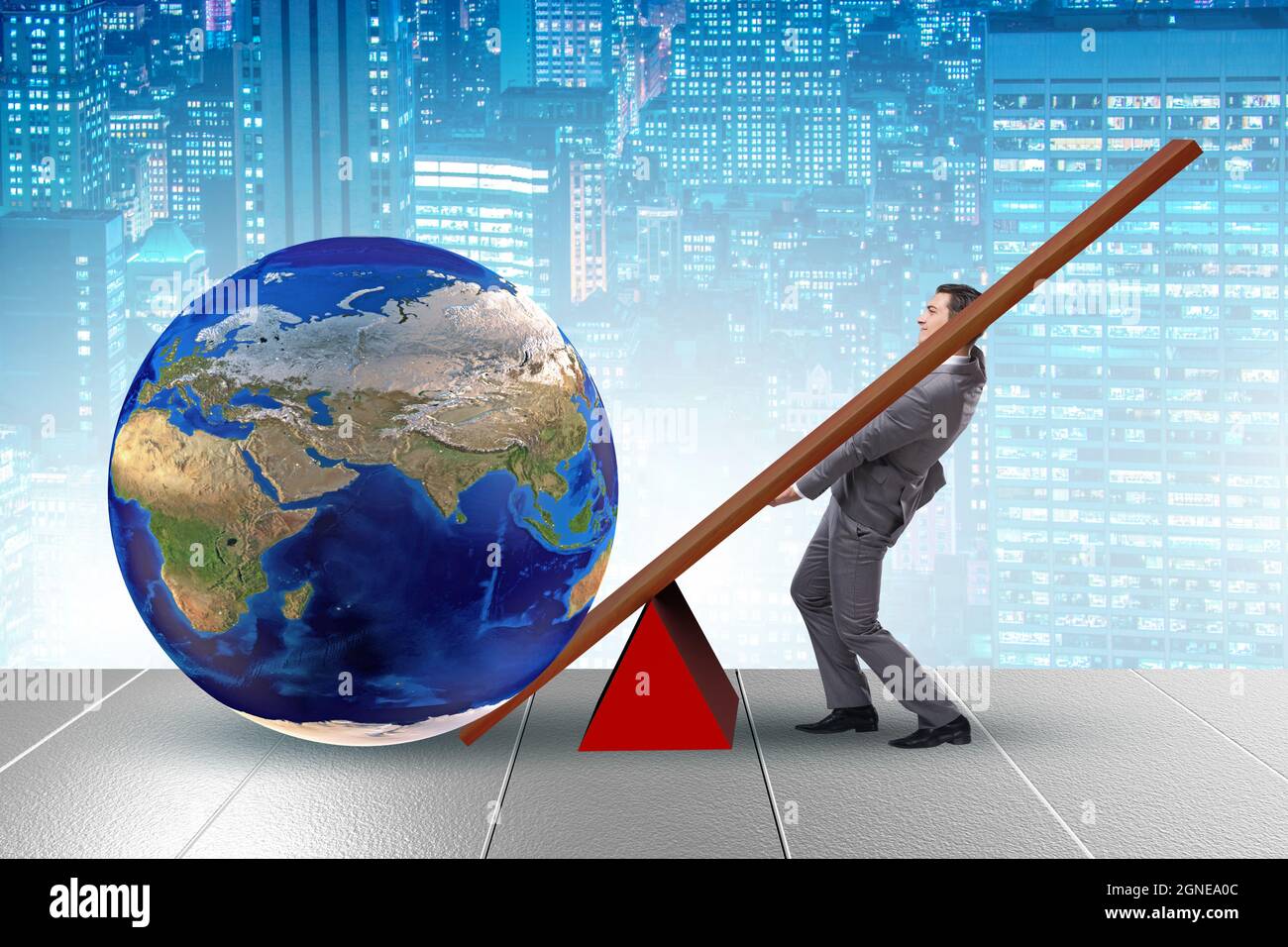 Businessman lifting the earth in the challenge concept Stock Photo - Alamy