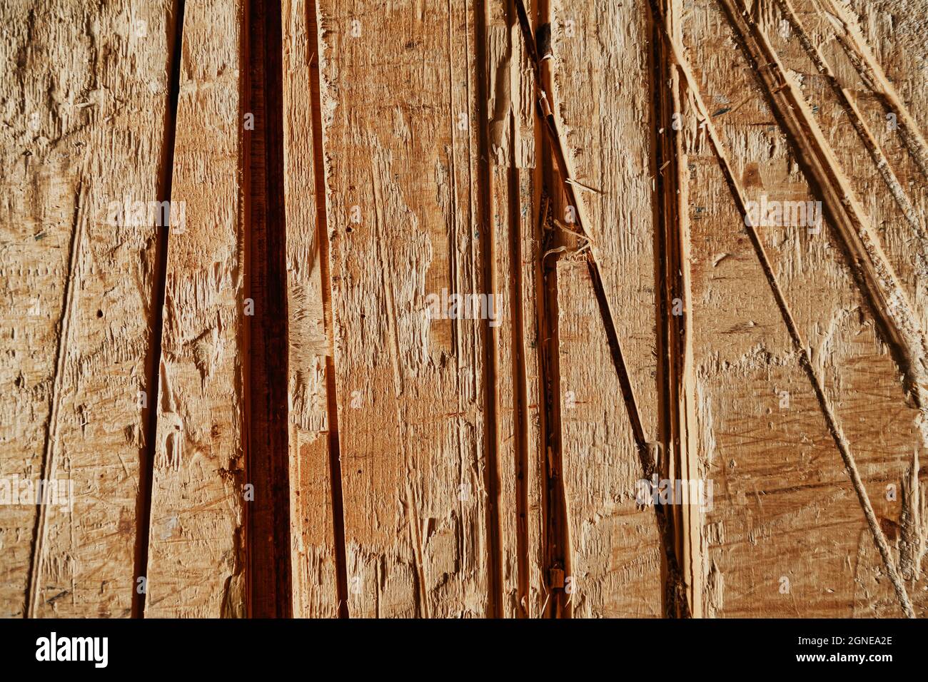 Gouges and cut marks on a wooden workbench in a factory or woodworking ...