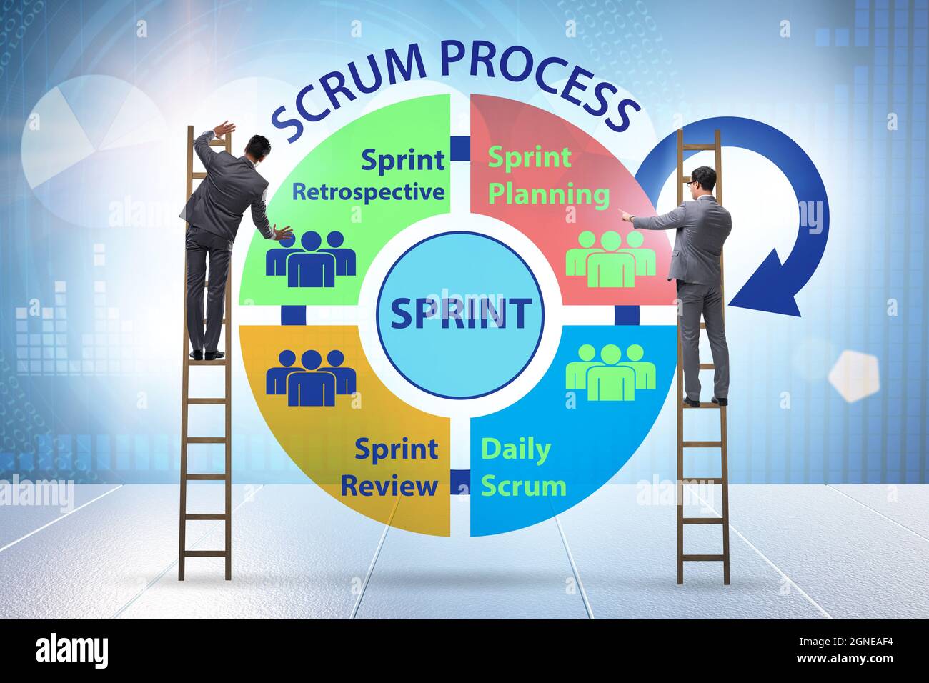 Scrum process illustration with the businessman Stock Photo - Alamy