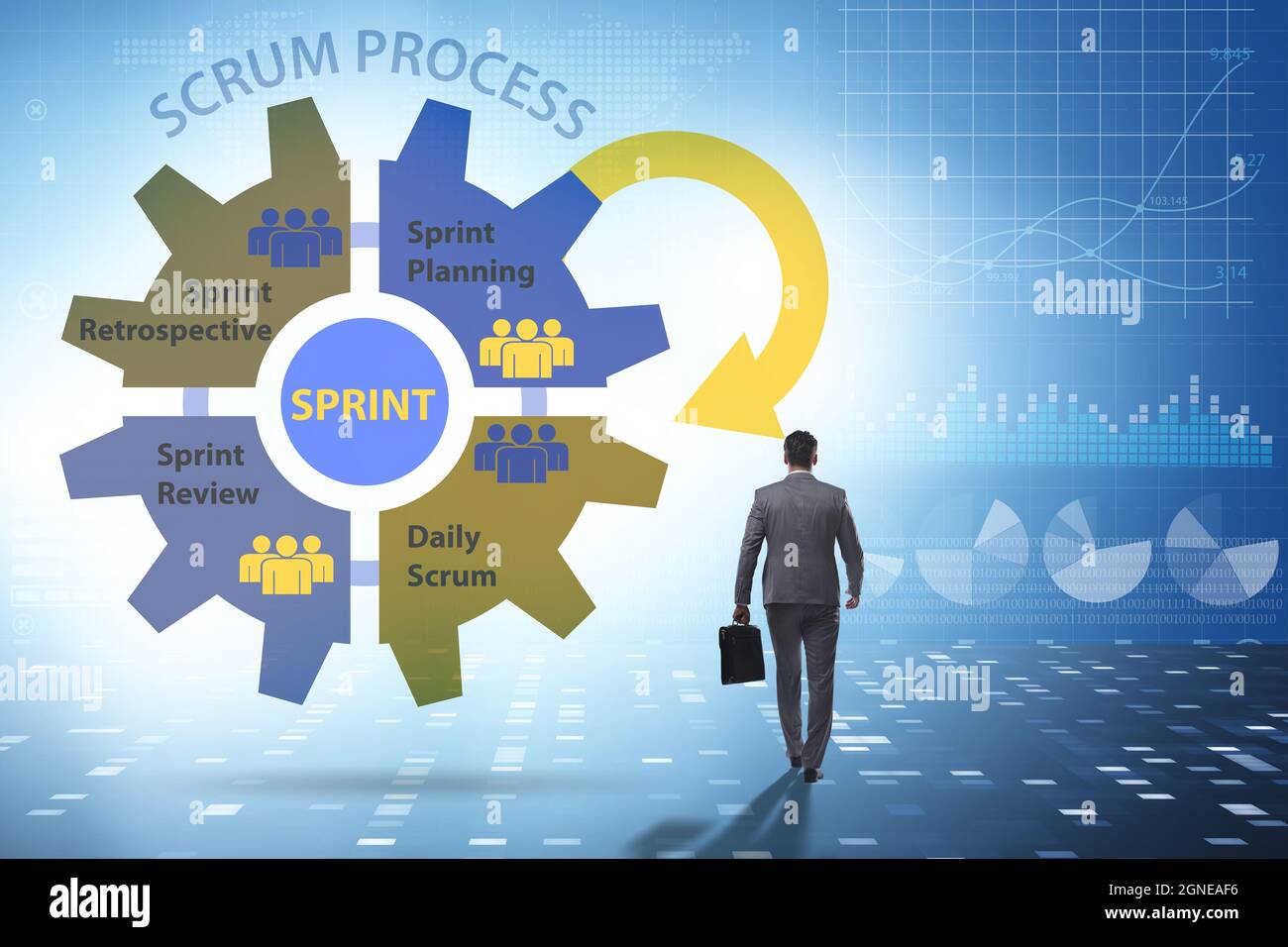 Scrum process illustration with the businessman Stock Photo - Alamy
