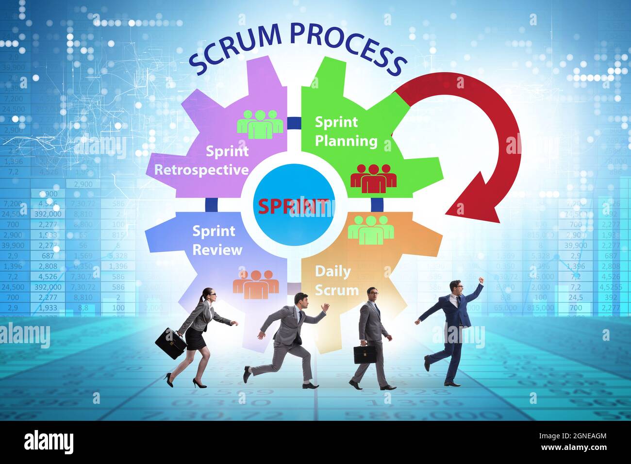 Scrum process illustration with the businessman Stock Photo - Alamy