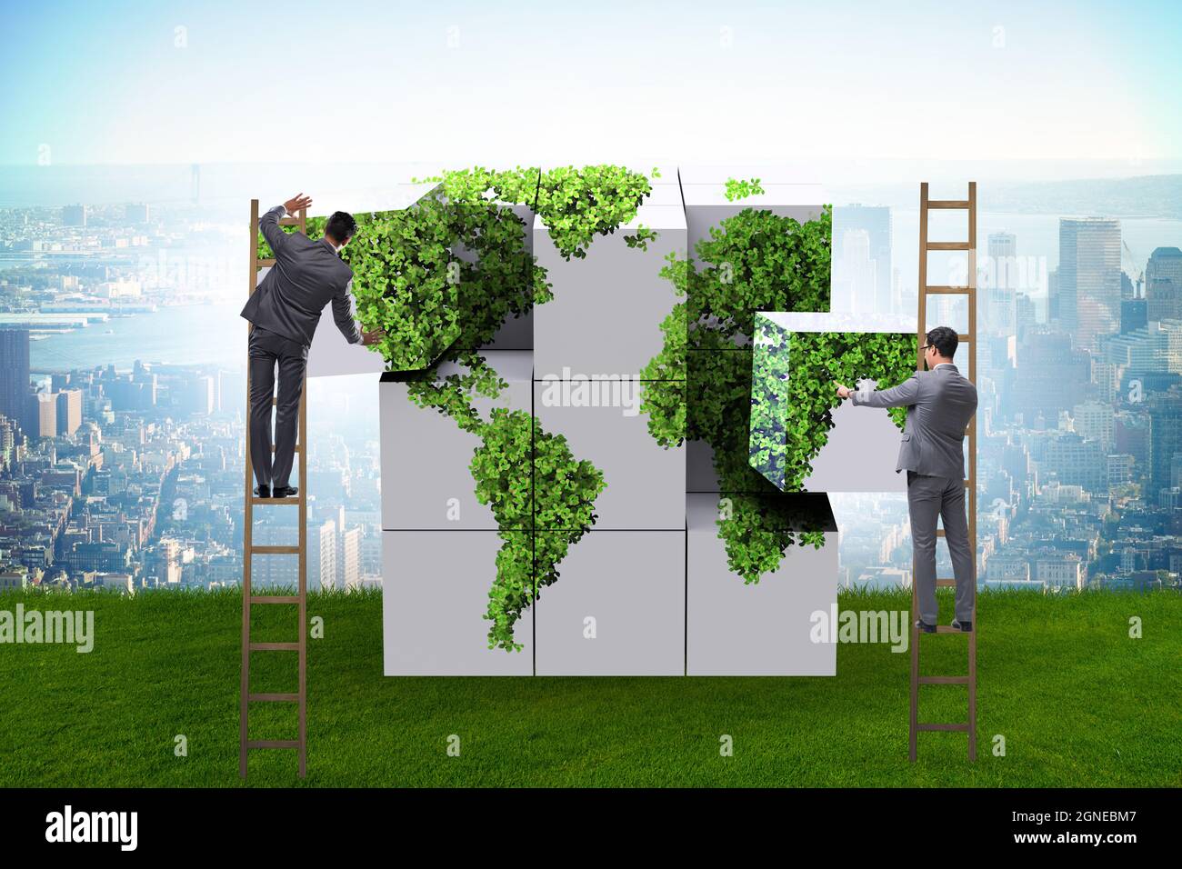 Businessman building world map from the cubes Stock Photo - Alamy