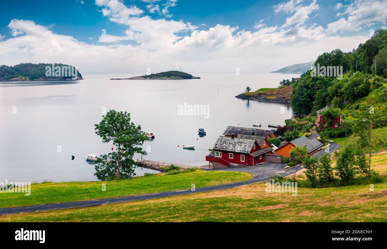 Typical countryside Norwegian landscape. Summy summer morning in Norway ...