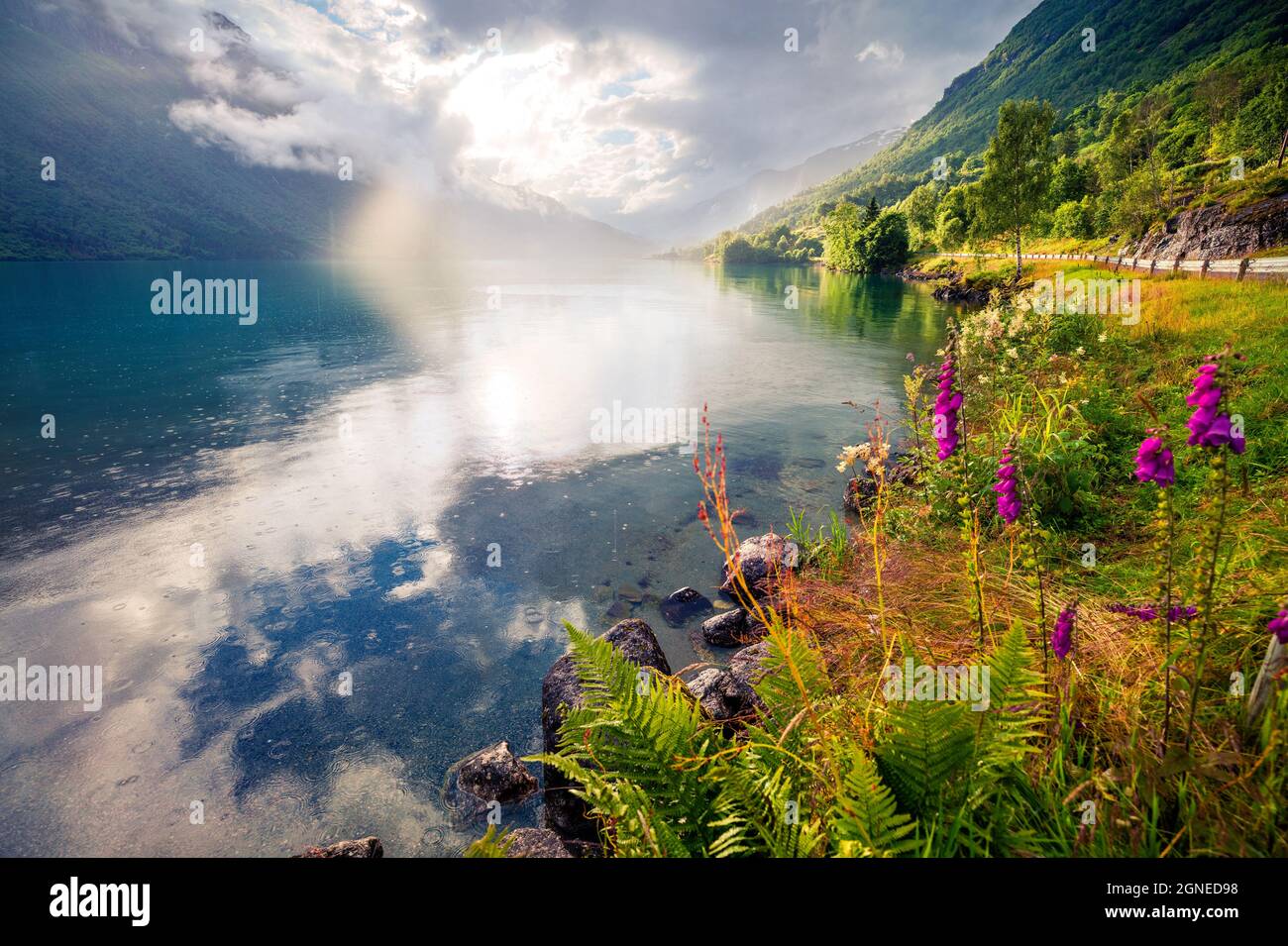 Dramatic summer view of Lovatnet lake, municipality of Stryn, Sogn og ...