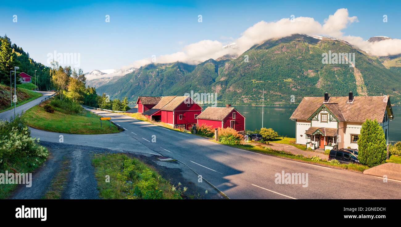 Sunny summer panorama of the Lofthus village in Ullensvang municipality ...