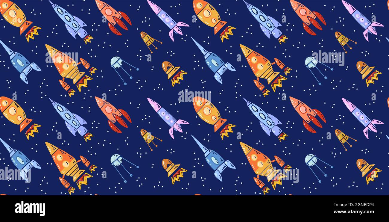Seamless space texture with spaceships and stars on a dark background ...