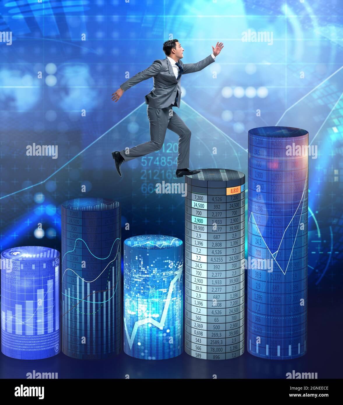 The businessman jumping over bar charts Stock Photo - Alamy