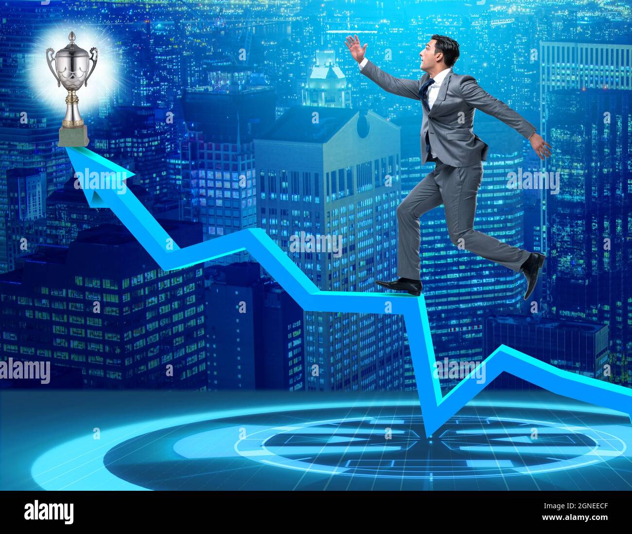 The businessman running towards prize cup trophy Stock Photo - Alamy