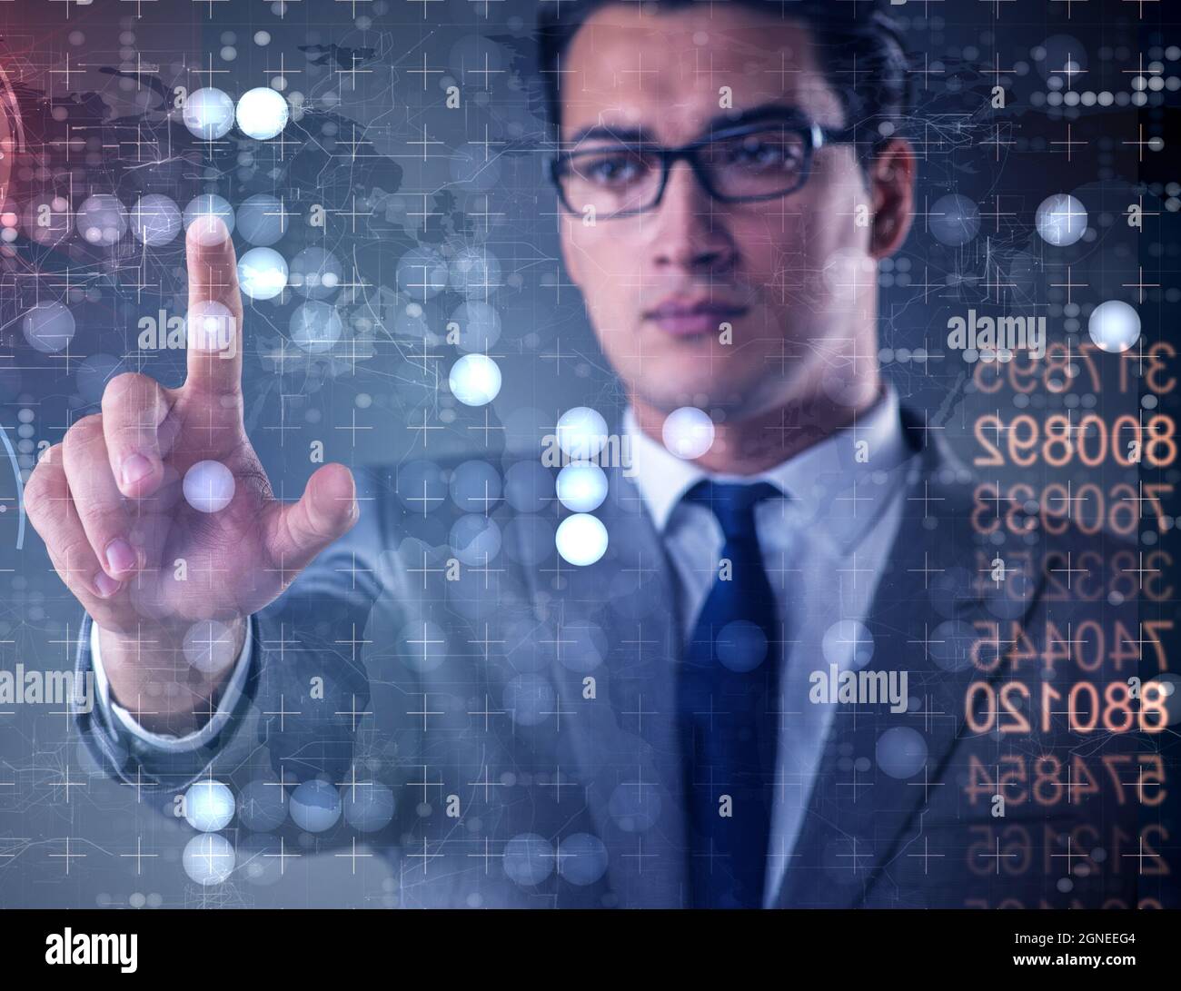 The businessman pressing virtual buttons in futuristic concept Stock ...