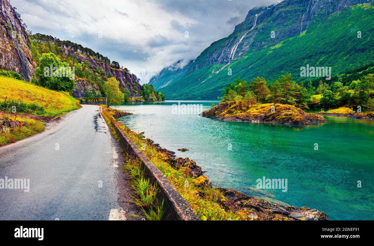 Beautiful summer view of Lovatnet lake, municipality of Stryn, Sogn og ...